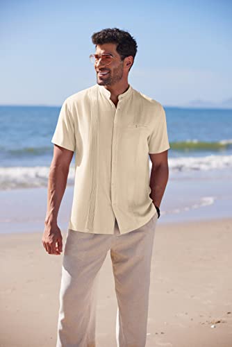COOFANDY Men's Short Sleeve Linen Shirt Guayabera Cuban Beach Tops Band Collar Casual Button Down Shirts Khaki