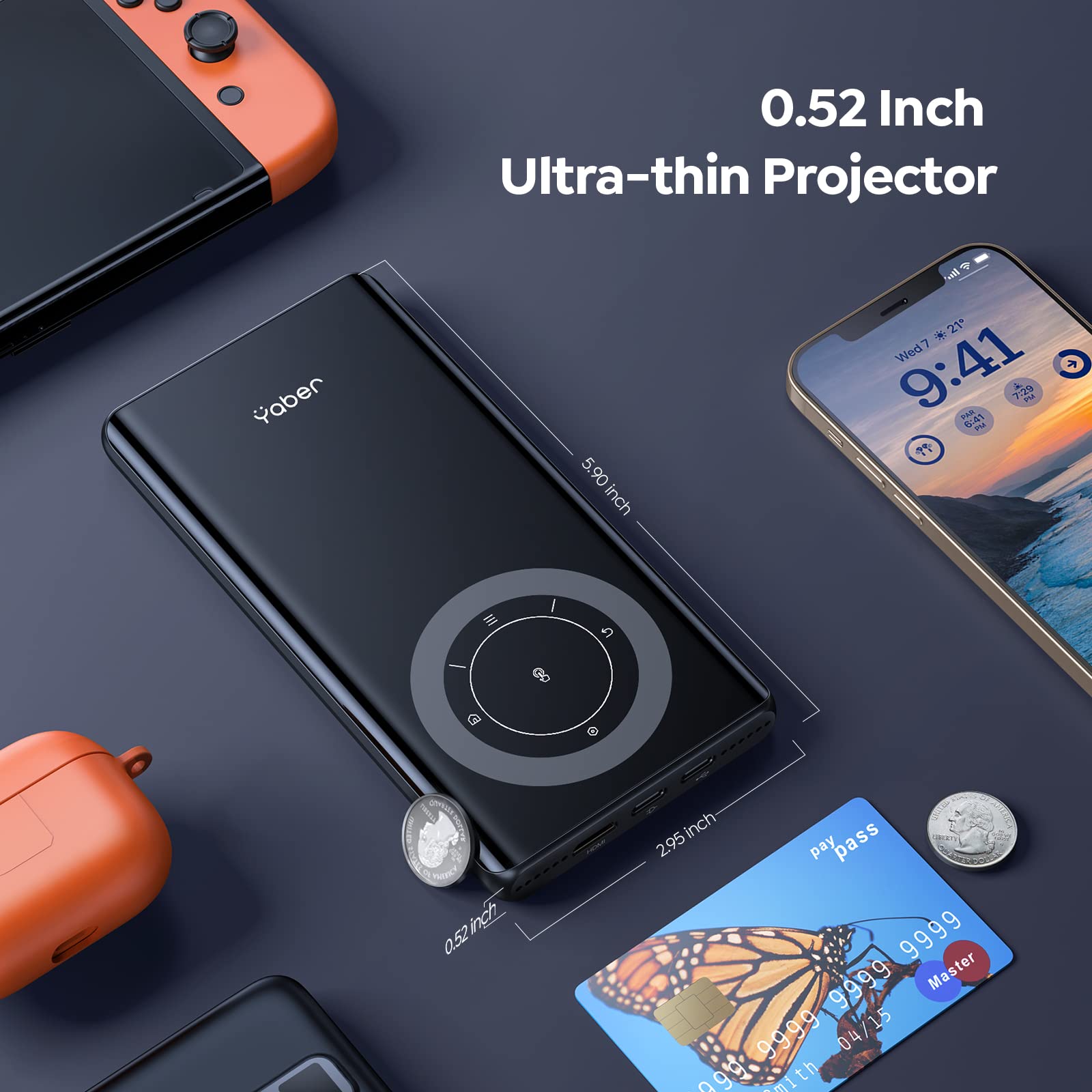 YABER Pico T1 Mini Pocket Projector with WiFi and Bluetooth, Portable Projector with Power Bank 0.52" Ultra-Thin Outdoor Movie Projector, 1080P Support Built-in Speaker, Compatible w Phone/iPad/Laptop