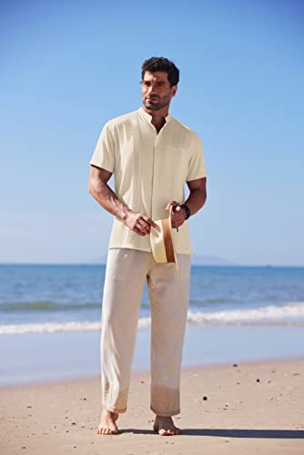 COOFANDY Men's Short Sleeve Linen Shirt Guayabera Cuban Beach Tops Band Collar Casual Button Down Shirts Khaki
