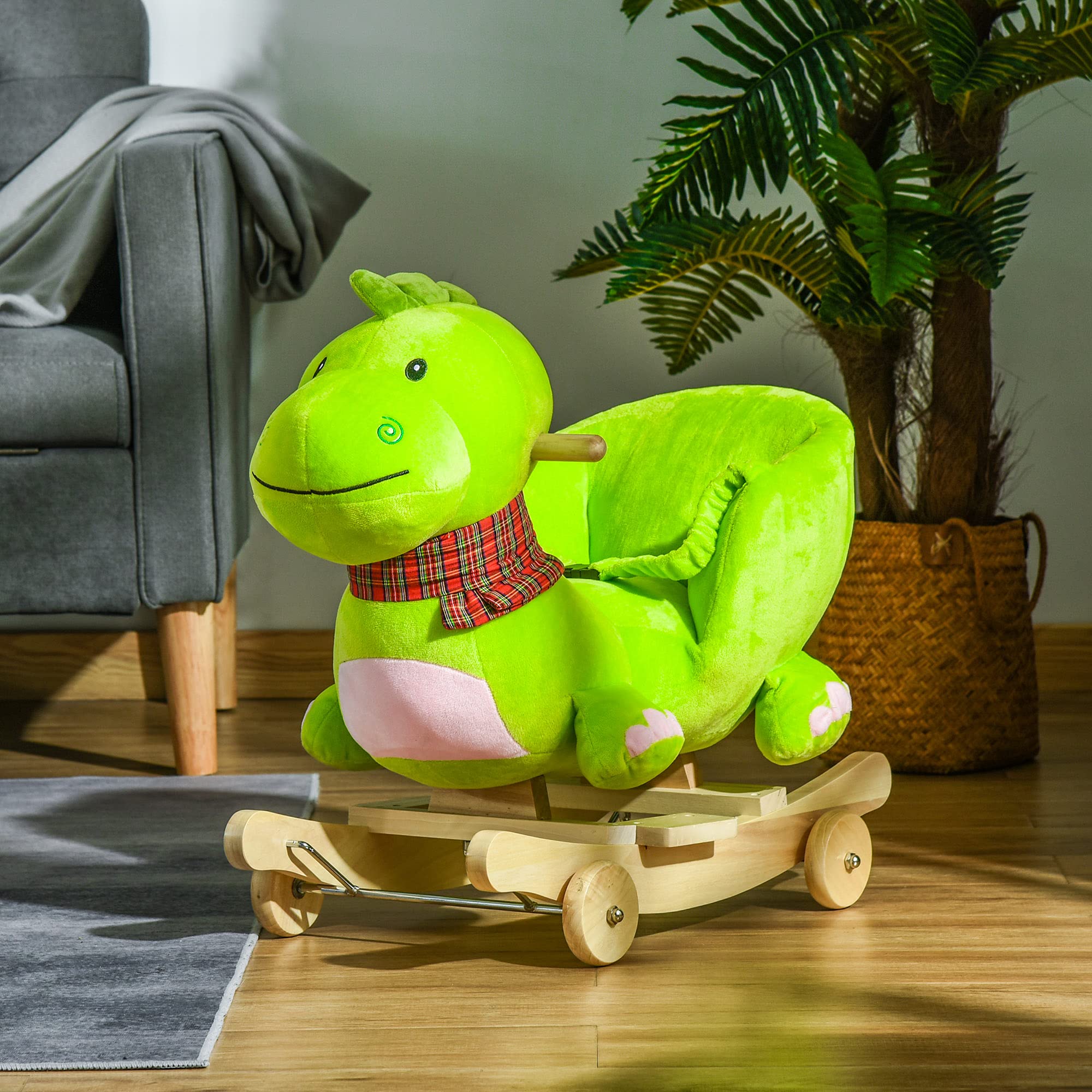 Qaba Baby Rocking Horse Kids Interactive 2-in-1 Plush Ride-On Toys Stroller Rocking Dinosaur with Wheels and Nursery Song