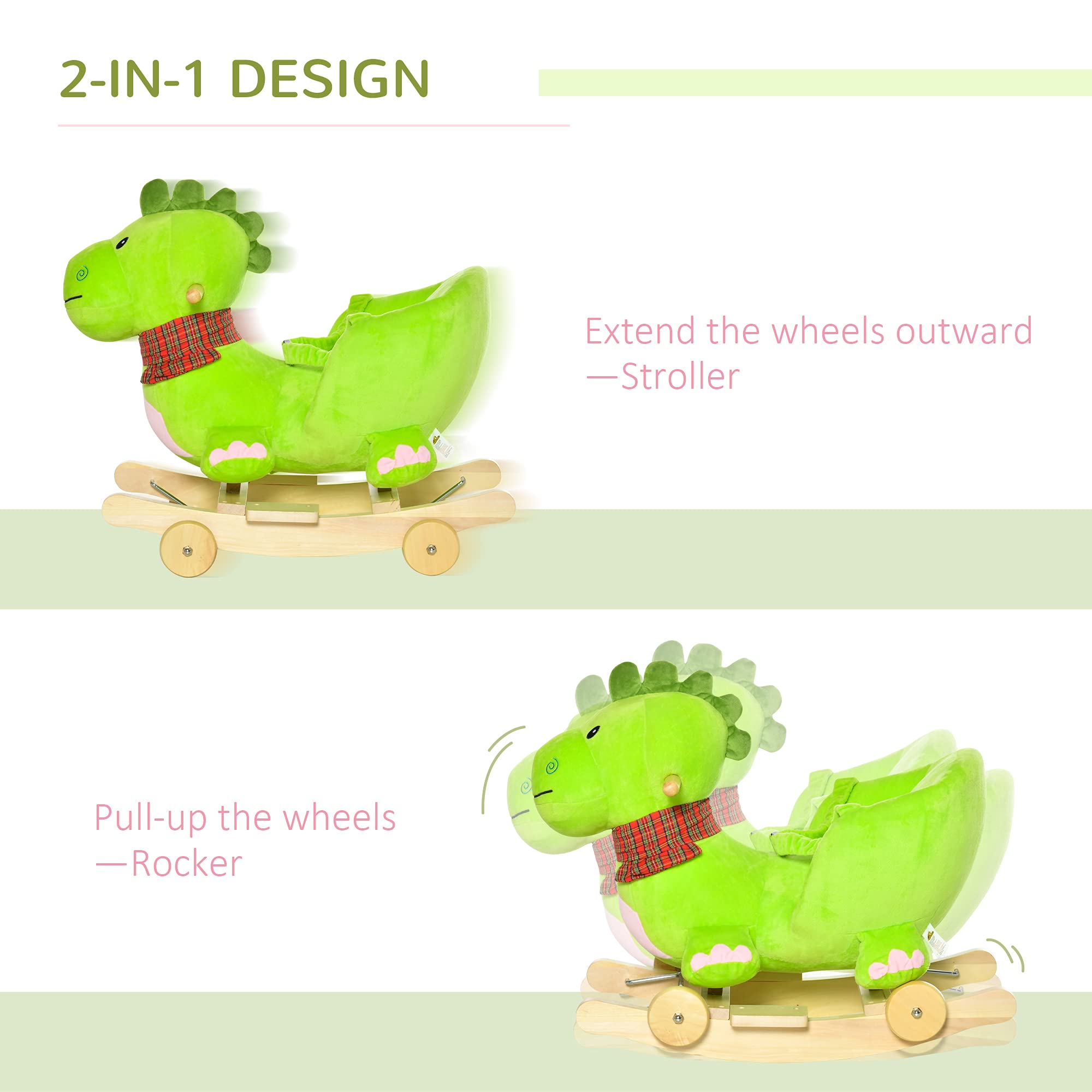 Qaba Baby Rocking Horse Kids Interactive 2-in-1 Plush Ride-On Toys Stroller Rocking Dinosaur with Wheels and Nursery Song
