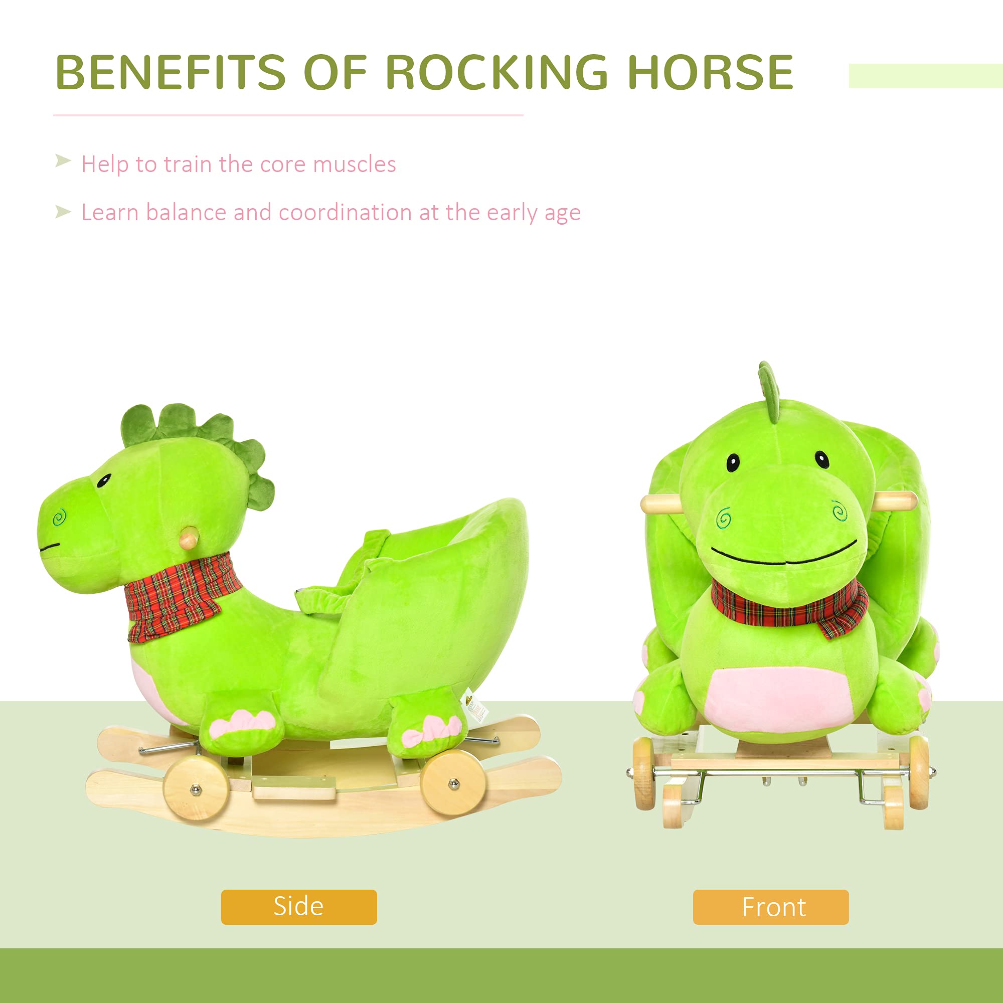 Qaba Baby Rocking Horse Kids Interactive 2-in-1 Plush Ride-On Toys Stroller Rocking Dinosaur with Wheels and Nursery Song