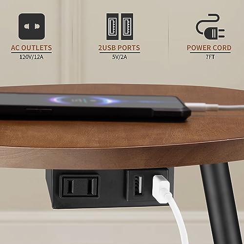 KINNARY End Table with Charging Station, Round Side Table with USB Port & Outlet, Adjustable Height Metal Leg, Small Nightstand Table for Living Room Bedroom, 12.8''D x 20''H, Walnut Wood