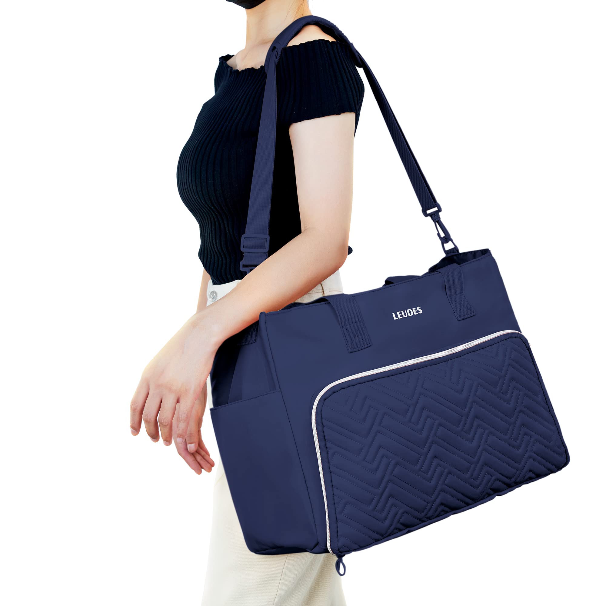 Crochet Tote Bag,Leudes Knitting Bag Fits 15.6 Inch Laptop Yarn Storage Organizer Large Yarn HolderâHook Case for Knitting & Crochet Supplies (Navy Blue)