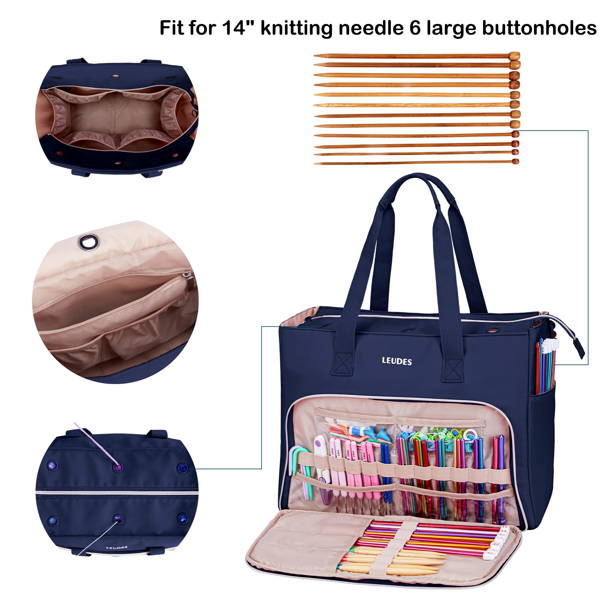 Crochet Tote Bag,Leudes Knitting Bag Fits 15.6 Inch Laptop Yarn Storage Organizer Large Yarn HolderâHook Case for Knitting & Crochet Supplies (Navy Blue)