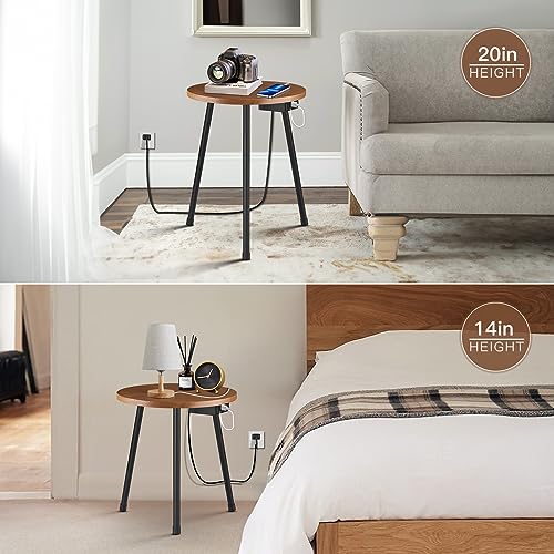KINNARY End Table with Charging Station, Round Side Table with USB Port & Outlet, Adjustable Height Metal Leg, Small Nightstand Table for Living Room Bedroom, 12.8''D x 20''H, Walnut Wood
