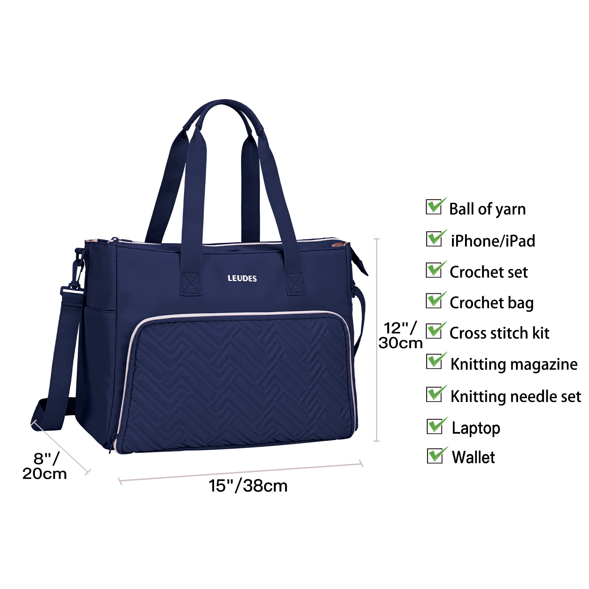 Crochet Tote Bag,Leudes Knitting Bag Fits 15.6 Inch Laptop Yarn Storage Organizer Large Yarn HolderâHook Case for Knitting & Crochet Supplies (Navy Blue)
