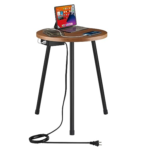 KINNARY End Table with Charging Station, Round Side Table with USB Port & Outlet, Adjustable Height Metal Leg, Small Nightstand Table for Living Room Bedroom, 12.8''D x 20''H, Walnut Wood