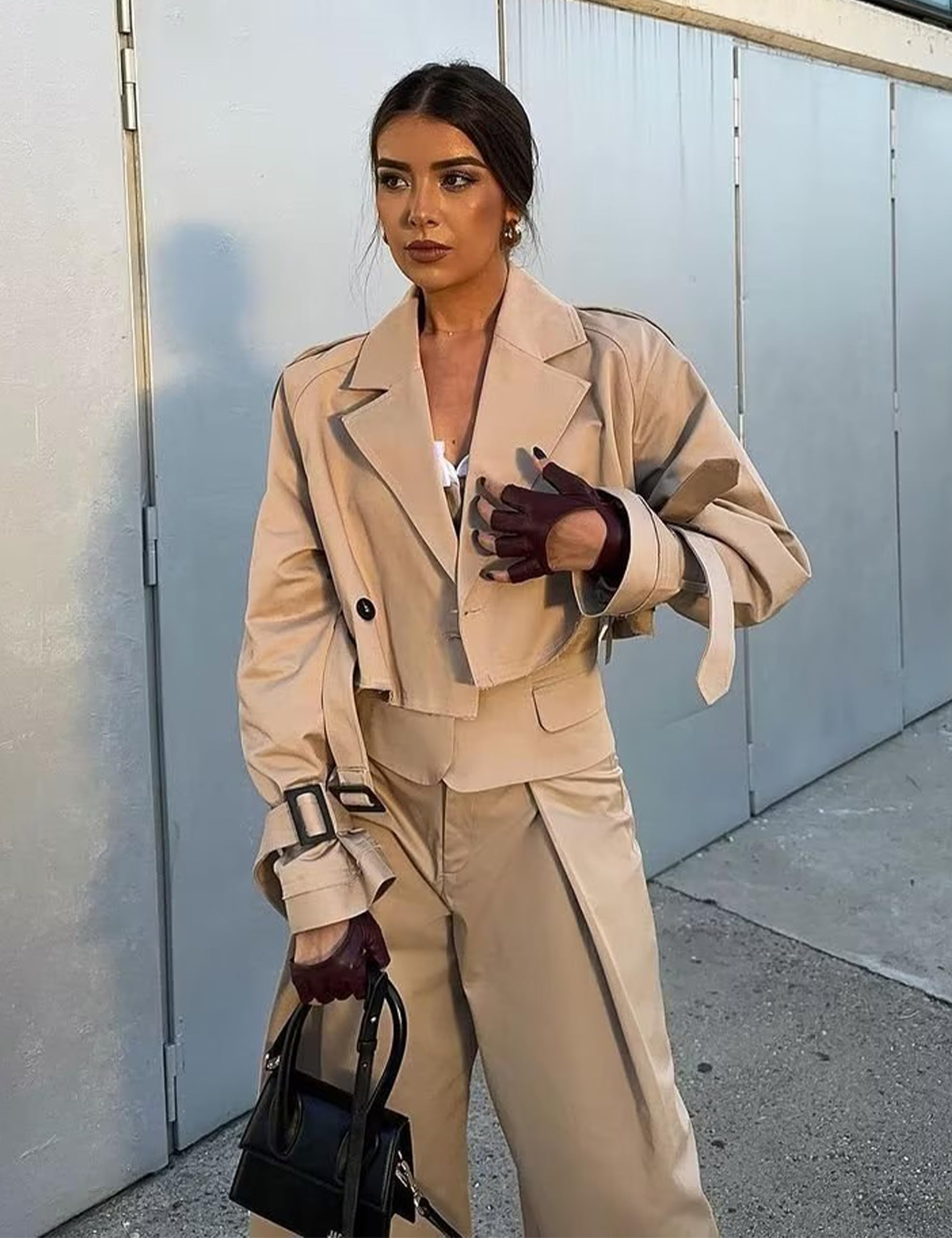 Faleave Womens Cropped Jacket Long Sleeve Belted Trench Coat Solid Color(Khaki-M)