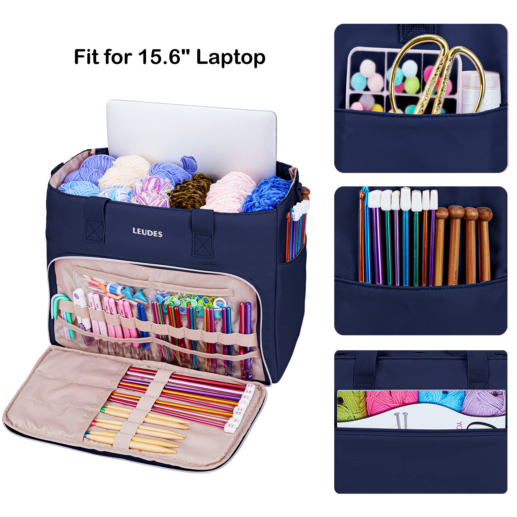 Crochet Tote Bag,Leudes Knitting Bag Fits 15.6 Inch Laptop Yarn Storage Organizer Large Yarn HolderâHook Case for Knitting & Crochet Supplies (Navy Blue)