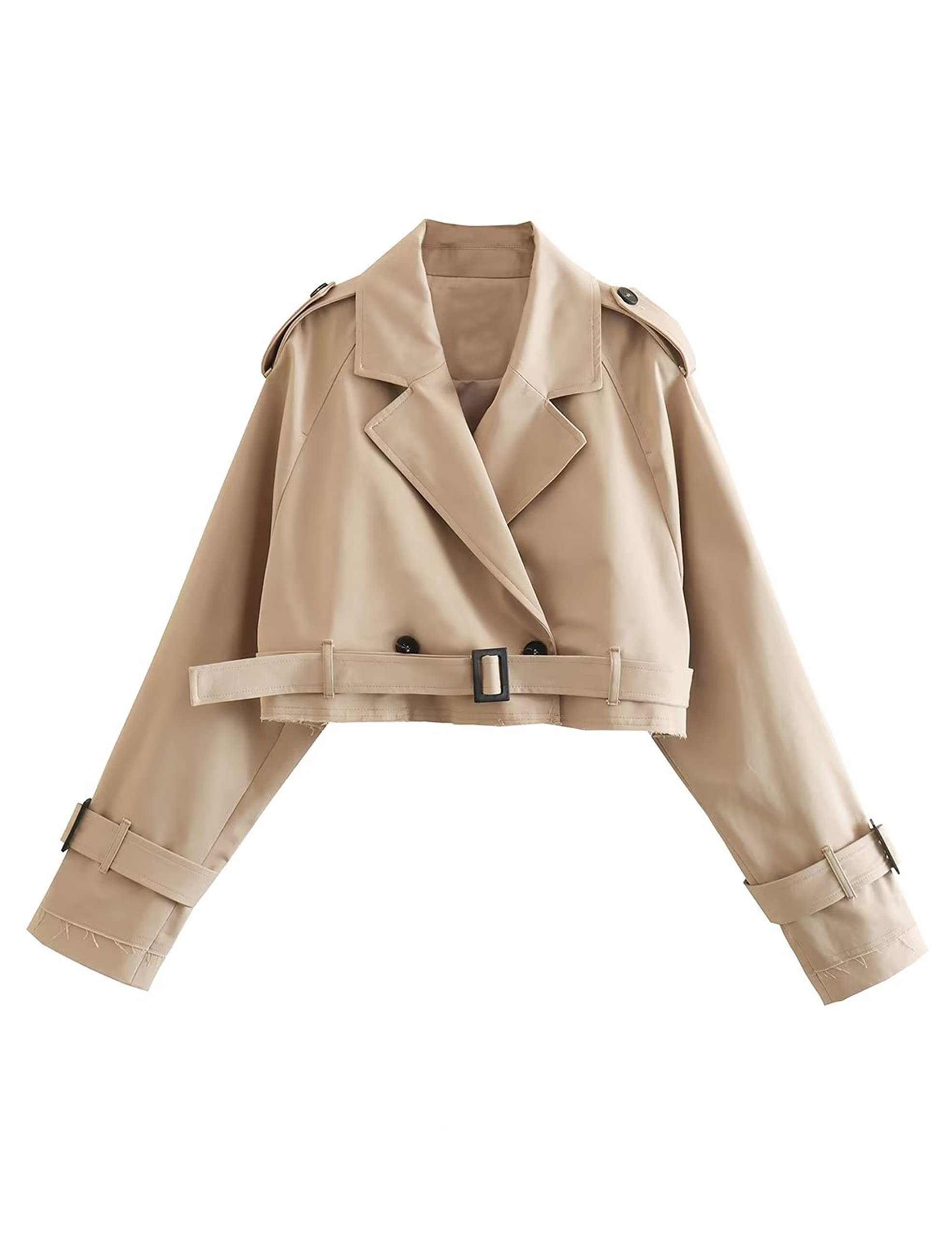 Faleave Womens Cropped Jacket Long Sleeve Belted Trench Coat Solid Color(Khaki-M)