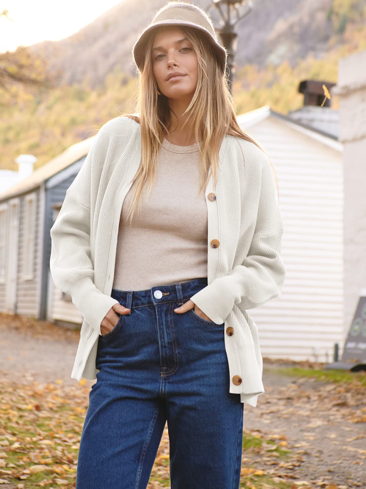 ANRABESS Women's Cardigan 2024 Trendy Open Front Oversized Button Lightweight Sweaters Loose Knit Cardigans Fall Outfits White Small