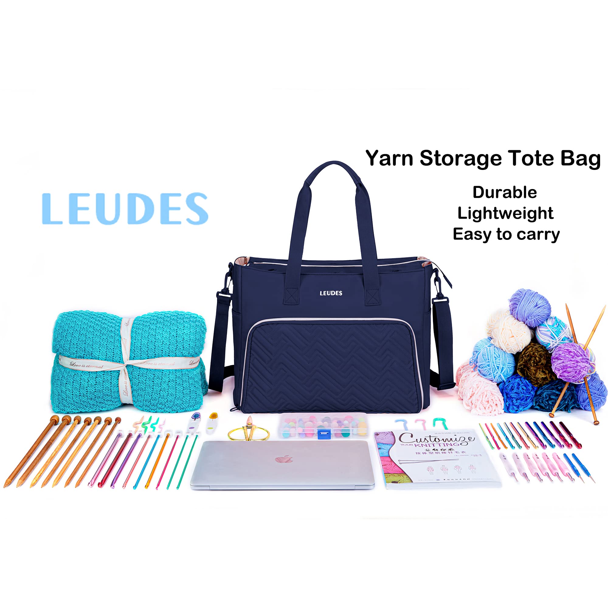 Crochet Tote Bag,Leudes Knitting Bag Fits 15.6 Inch Laptop Yarn Storage Organizer Large Yarn HolderâHook Case for Knitting & Crochet Supplies (Navy Blue)