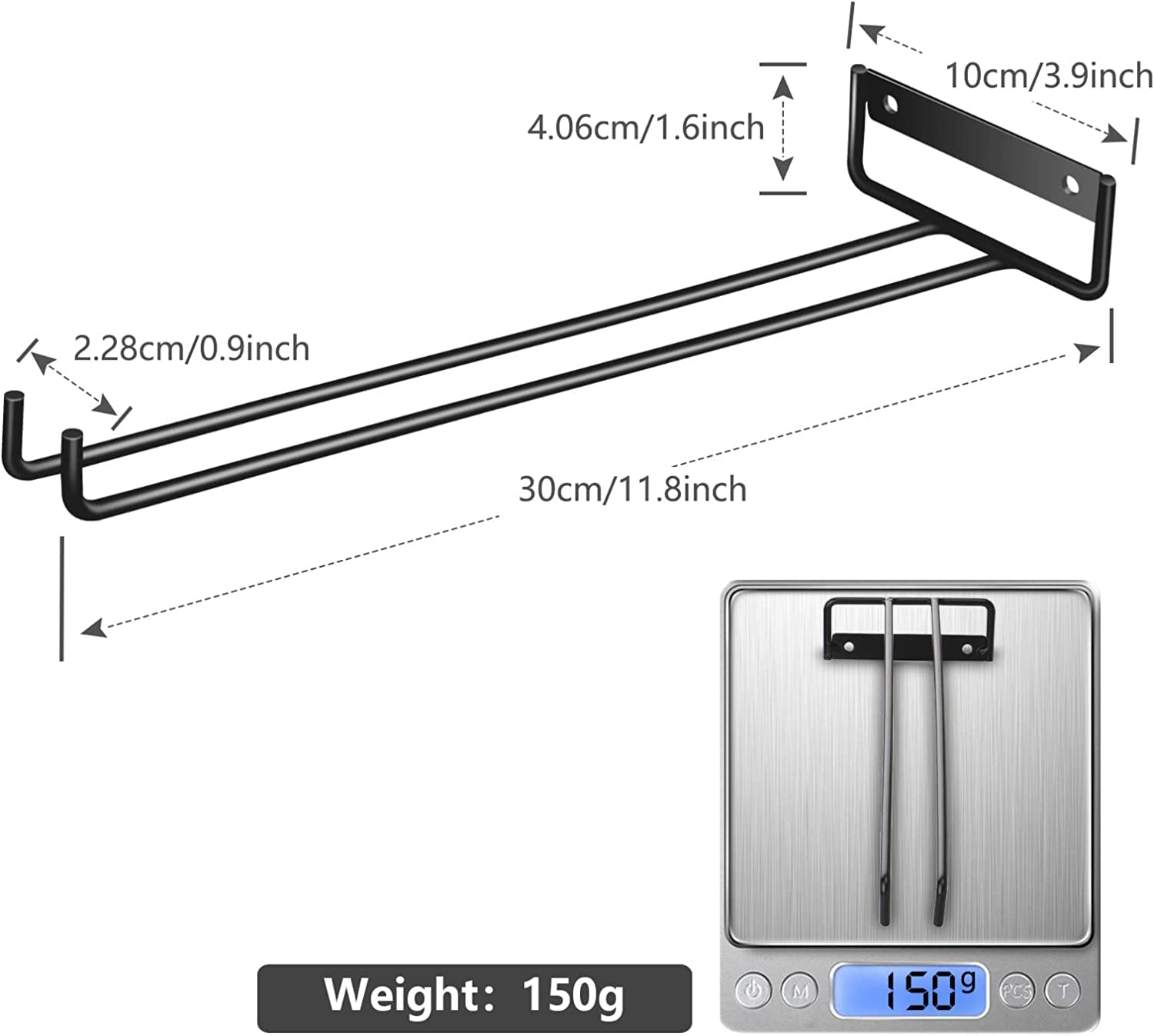 Wine Glass Rack,12 Inch Wine Glass Holder Wall Mount Under Wine Glass Holder Iron Storage Hanger Organizer, Hanging Stemware Rack for Cabinet Kitchen Bar 2 Pack Black