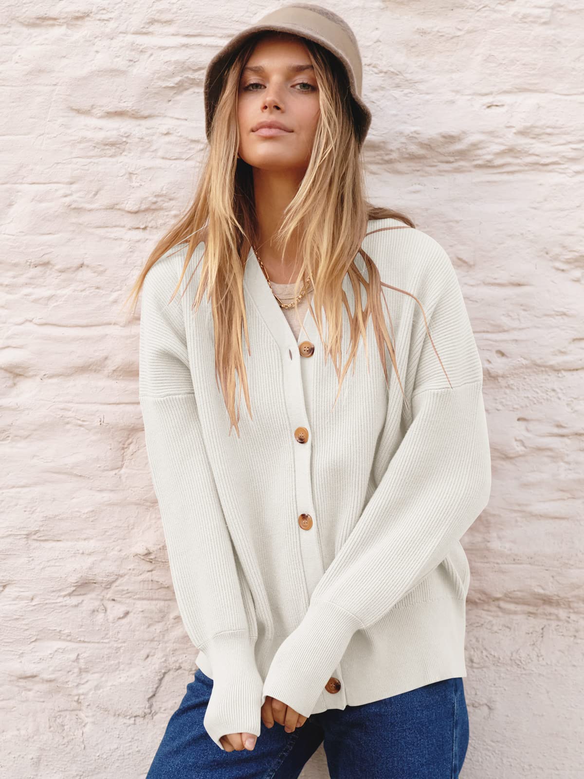 ANRABESS Women's Cardigan 2024 Trendy Open Front Oversized Button Lightweight Sweaters Loose Knit Cardigans Fall Outfits White Small
