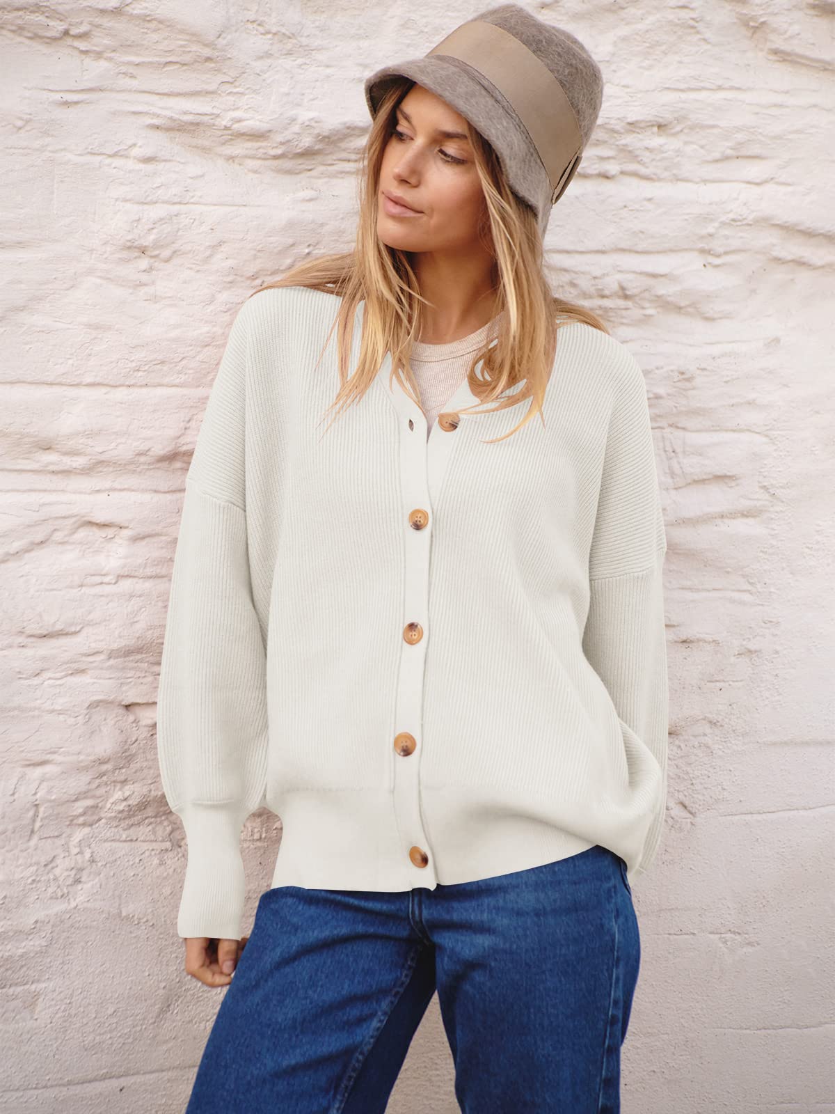 ANRABESS Women's Cardigan 2024 Trendy Open Front Oversized Button Lightweight Sweaters Loose Knit Cardigans Fall Outfits White Small
