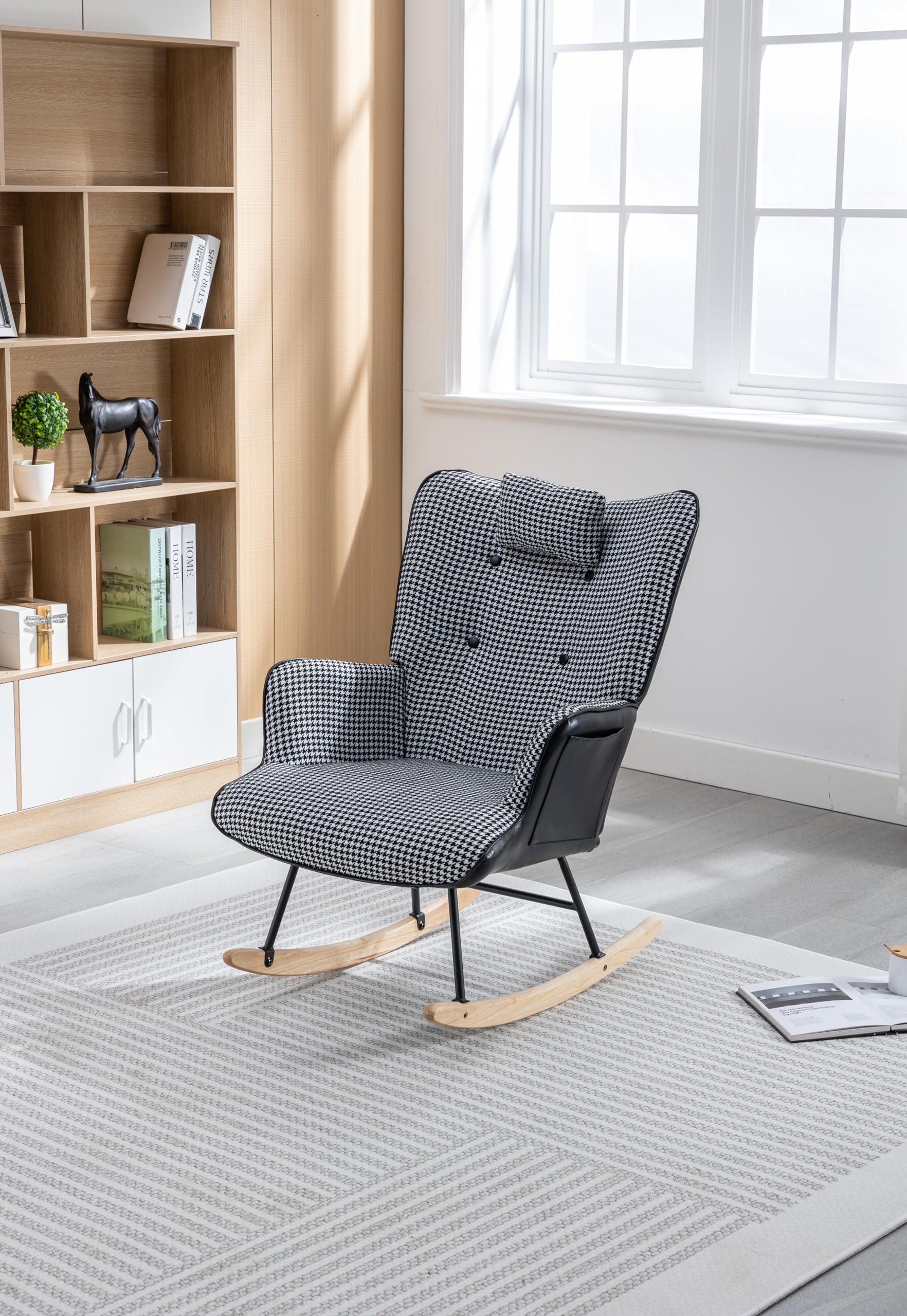 Lepfun Velvet 35.5 inch, Soft Houndstooth Leather Fabric Rocking Chair for Nursery,Comfy Wingback Glider Rocker with Safe Solid Wood Base for Living Room Bedroom and Balcony,Black