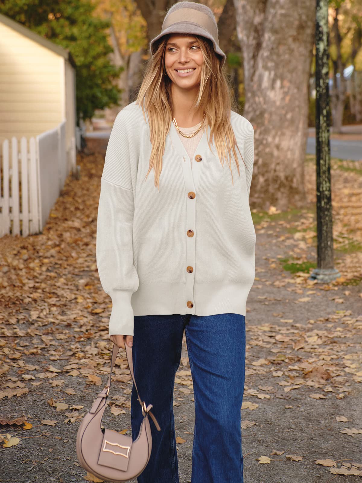 ANRABESS Women's Cardigan 2024 Trendy Open Front Oversized Button Lightweight Sweaters Loose Knit Cardigans Fall Outfits White Small