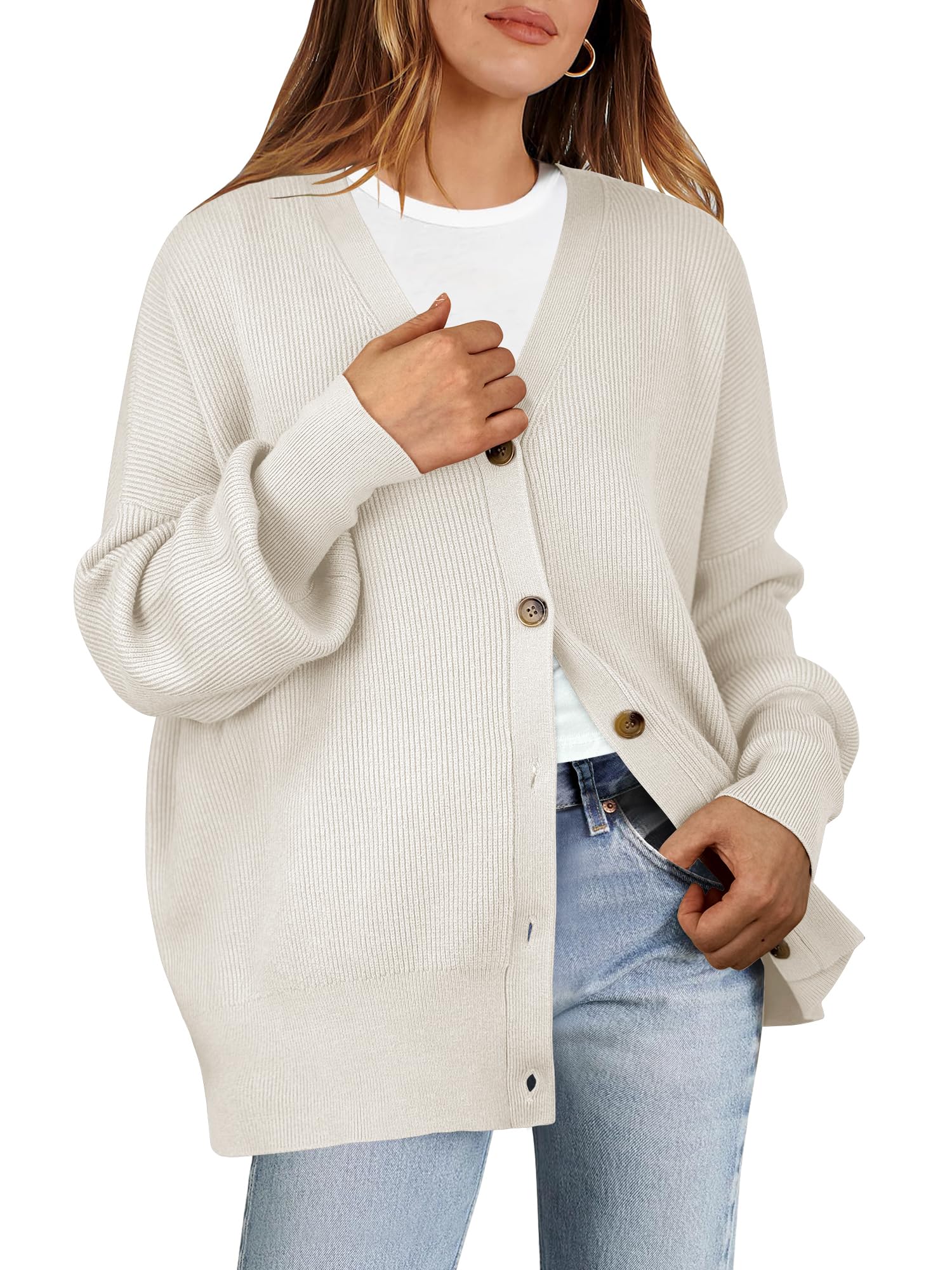 ANRABESS Women's Cardigan 2024 Trendy Open Front Oversized Button Lightweight Sweaters Loose Knit Cardigans Fall Outfits White Small