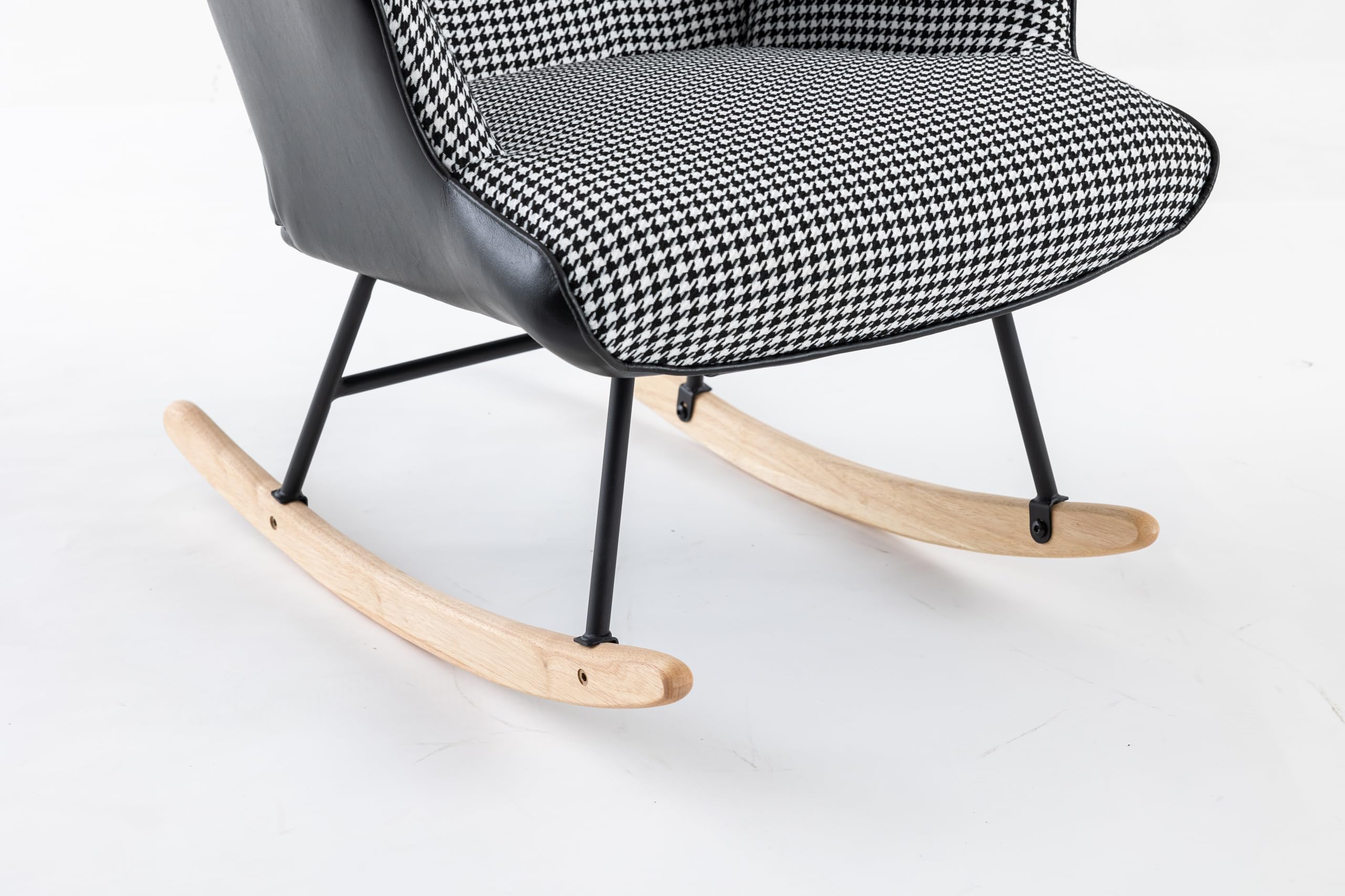 Lepfun Velvet 35.5 inch, Soft Houndstooth Leather Fabric Rocking Chair for Nursery,Comfy Wingback Glider Rocker with Safe Solid Wood Base for Living Room Bedroom and Balcony,Black