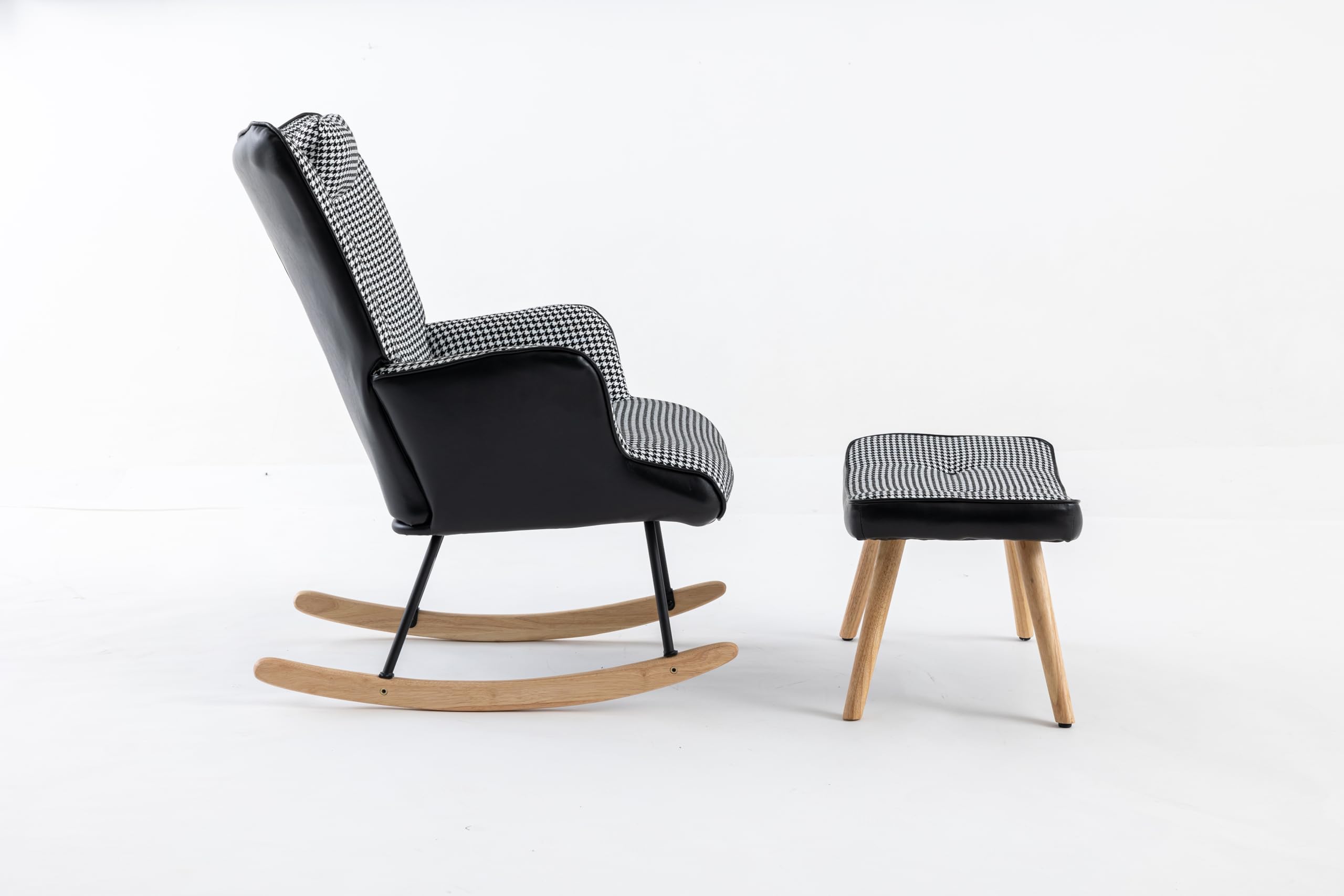 Lepfun Velvet 35.5 inch, Soft Houndstooth Leather Fabric Rocking Chair for Nursery,Comfy Wingback Glider Rocker with Safe Solid Wood Base for Living Room Bedroom and Balcony,Black