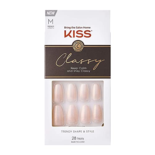 KISS Classy French Nail Manicure Kit with Gel Finish, Medium, Coffin Shaped, “Cozy Meets Cute”, Nail Kit Includes Pink Nail Glue (Net Wt. 2 g / 0.07oz.), Mini File, Manicure Stick, and 28 Fake Nails