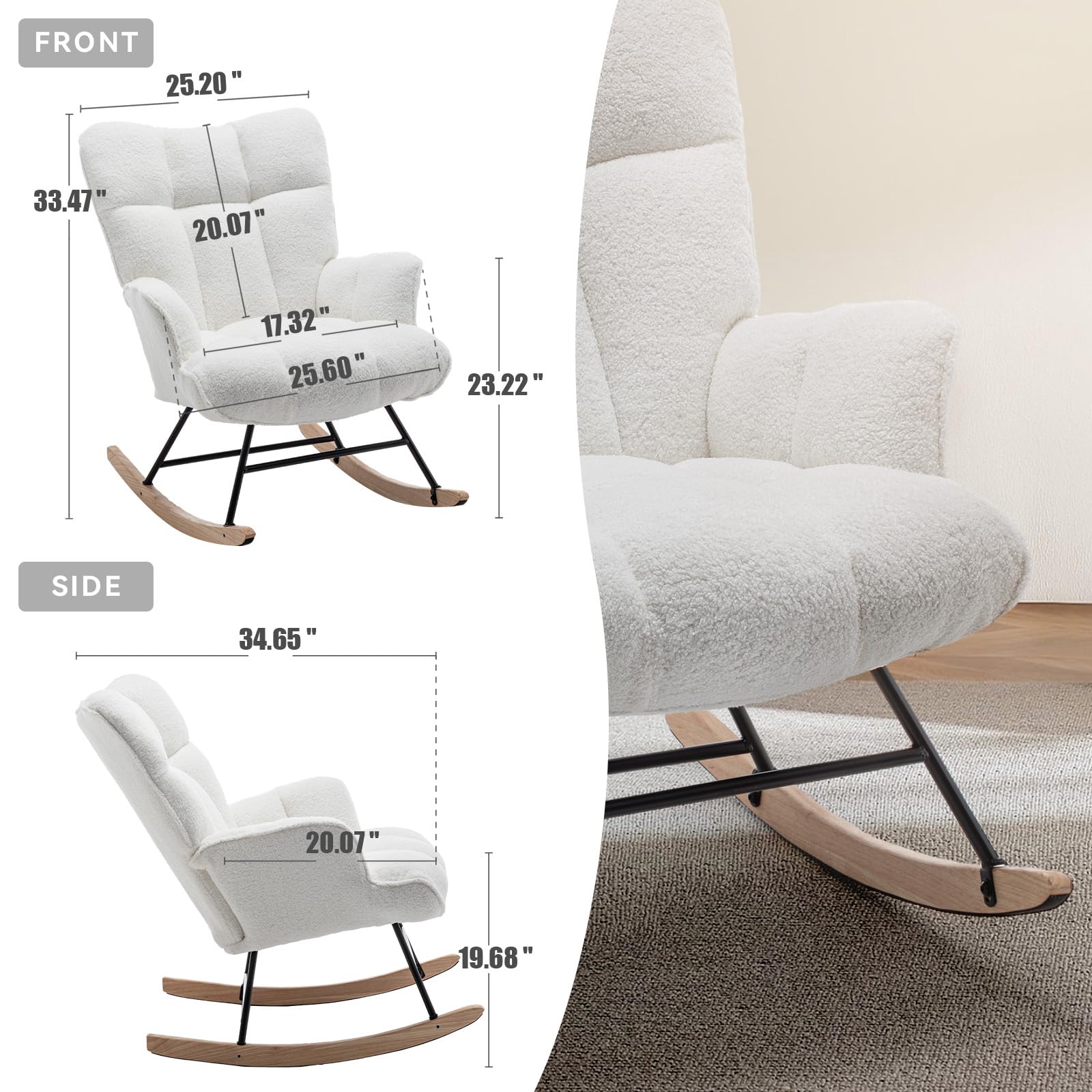 SAETSFEG Nursery Rocking Chair Teddy, Upholstered Glider Rocker with High Backrest, Comfortable Stylish Accent Armchair with Padded Seat for Living Rooms, Bedrooms, White