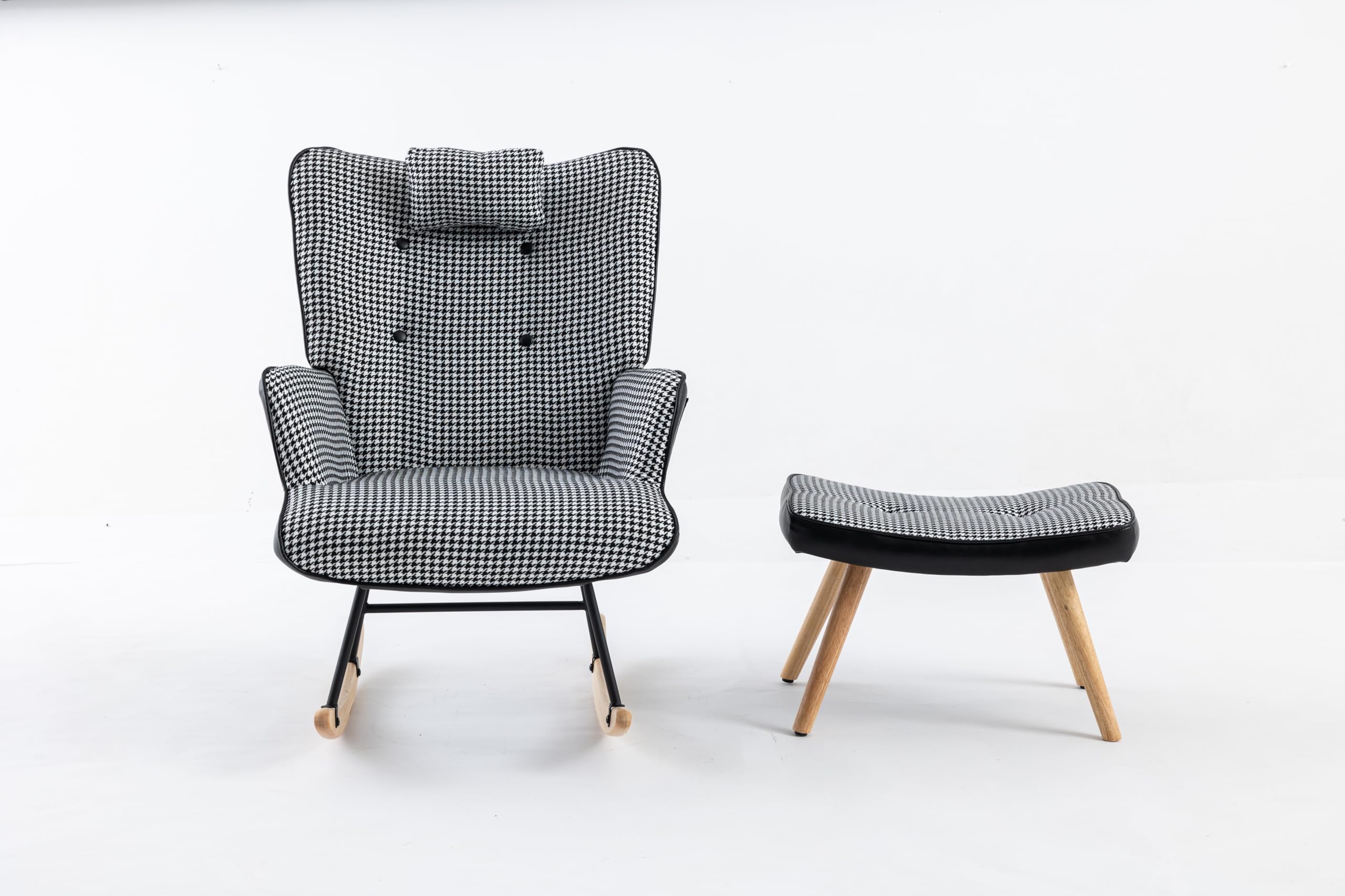 Lepfun Velvet 35.5 inch, Soft Houndstooth Leather Fabric Rocking Chair for Nursery,Comfy Wingback Glider Rocker with Safe Solid Wood Base for Living Room Bedroom and Balcony,Black