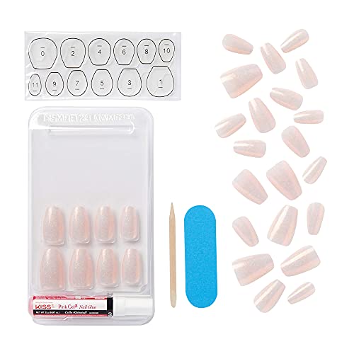 KISS Classy French Nail Manicure Kit with Gel Finish, Medium, Coffin Shaped, “Cozy Meets Cute”, Nail Kit Includes Pink Nail Glue (Net Wt. 2 g / 0.07oz.), Mini File, Manicure Stick, and 28 Fake Nails