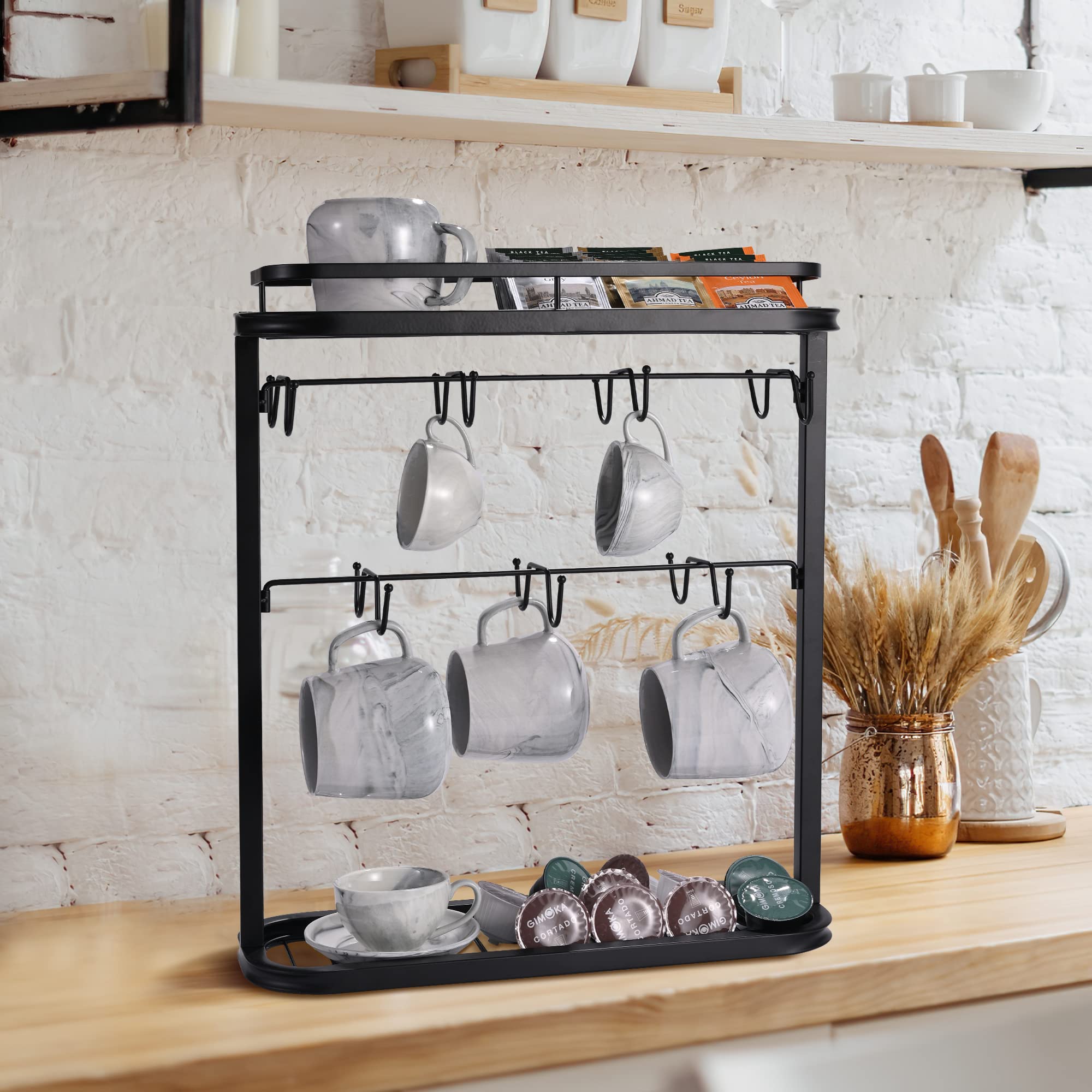 Coffee Mug Holder, 2 Tier Mug Tree Metal Double-Side Mug Holder for Holds At Least 14 Mugs, Counter Coffee Cup Holder Organizer with Storage Shelves for Coffee Mug Cups, Black(Mugs Not Include)