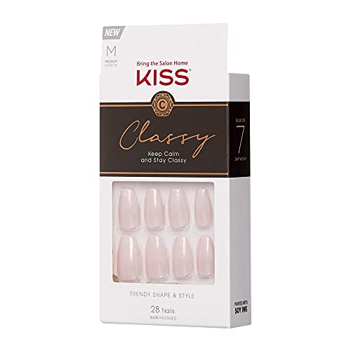 KISS Classy French Nail Manicure Kit with Gel Finish, Medium, Coffin Shaped, “Cozy Meets Cute”, Nail Kit Includes Pink Nail Glue (Net Wt. 2 g / 0.07oz.), Mini File, Manicure Stick, and 28 Fake Nails