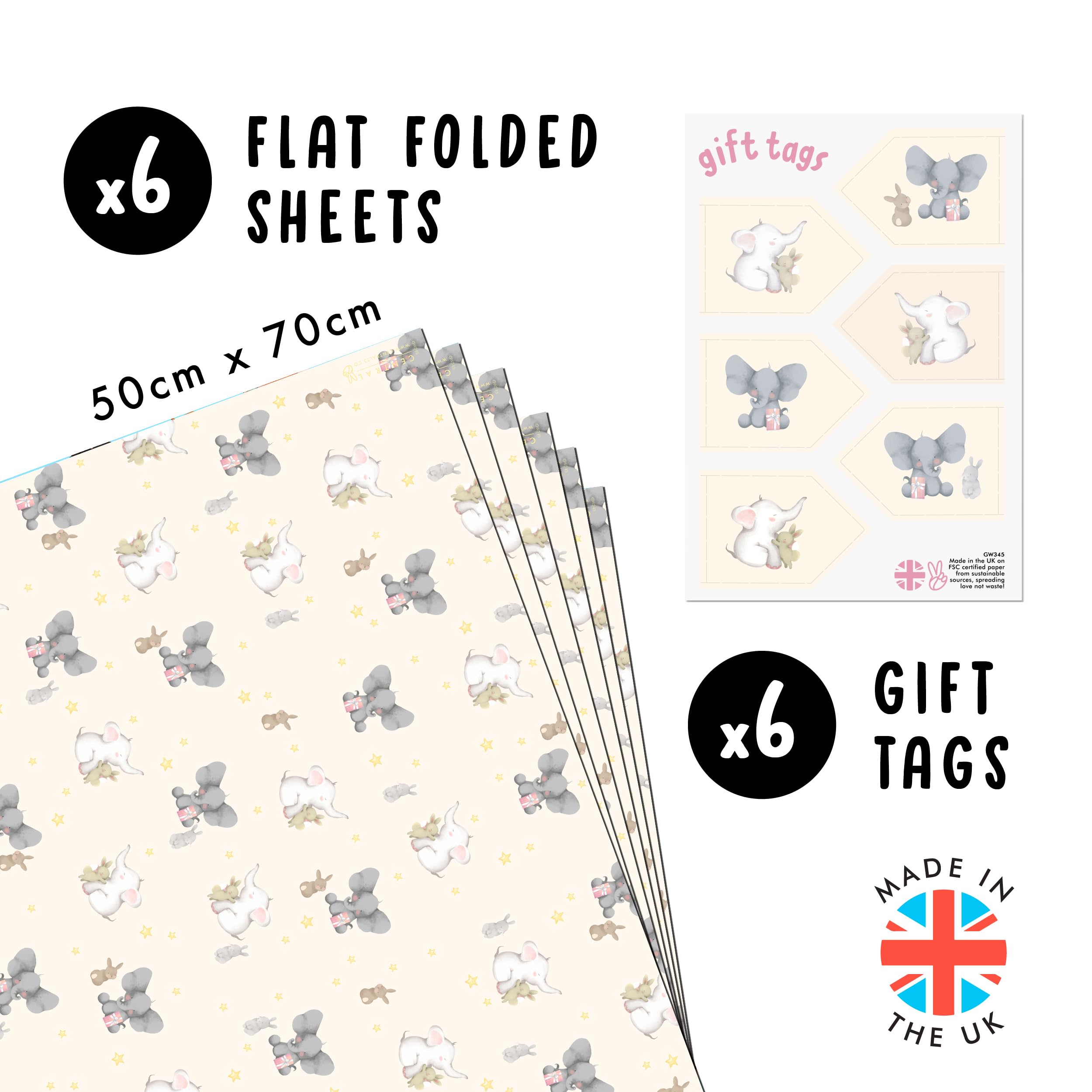 CENTRAL 23 - Elephants and Bunnies Wrapping Paper - 6 Sheet for Gift Wrap for Babies - Baby Shower - Christening - Baptism - Stars - Rabbit - Bunny - Made in the UK