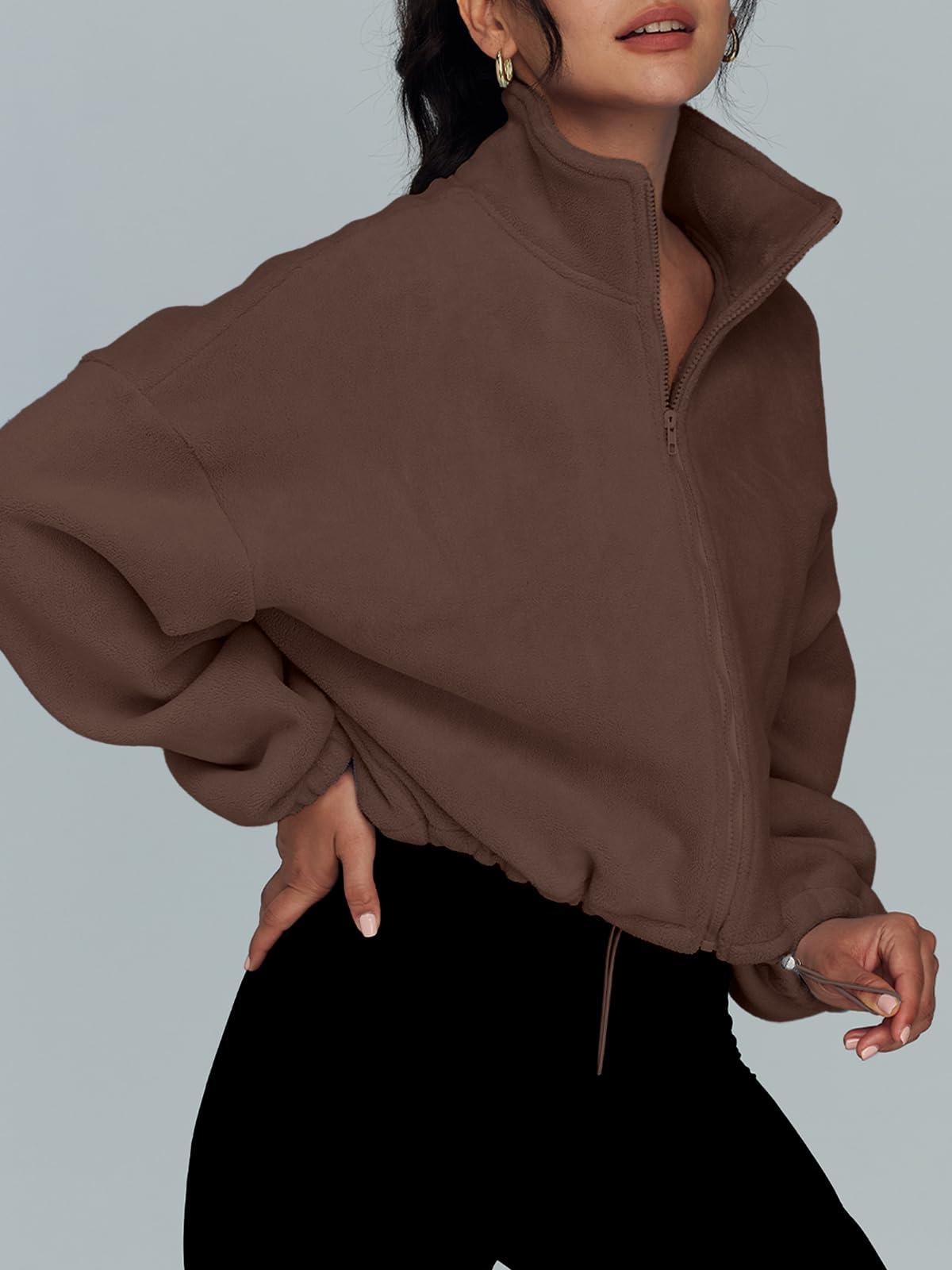 AUTOMET Womens Fleece Jackets Zip Up Oversized Sweatshirts Winter Clothes Long Sleeve Crop Sherpa Fall Outfits Fashion Brown S