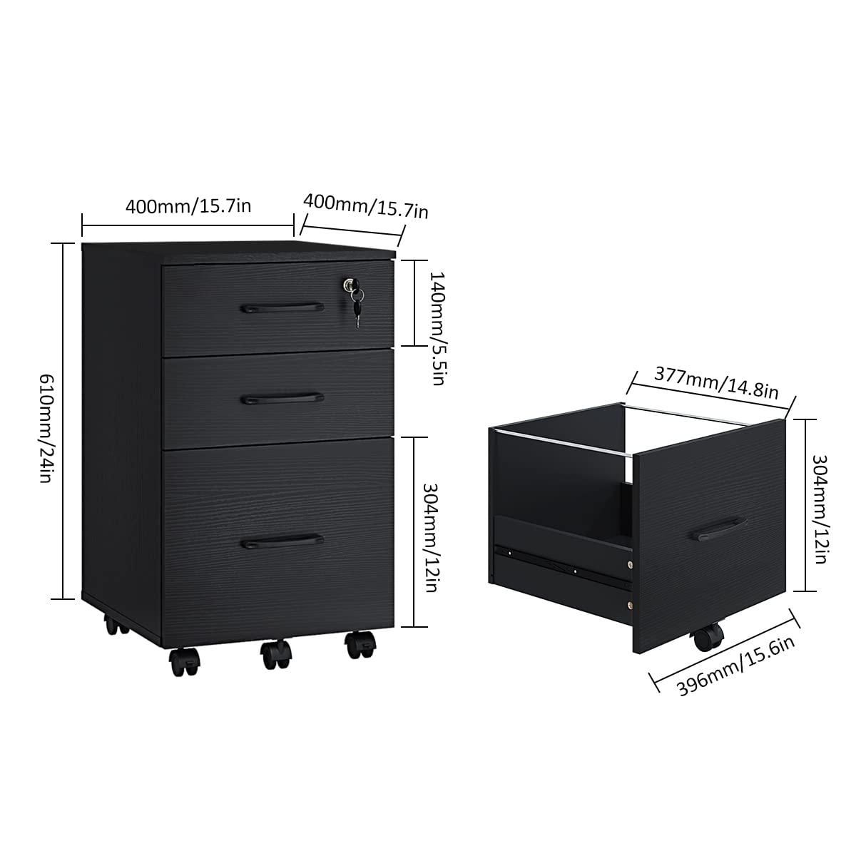 Panana 3 Drawer Wood Mobile File Cabinet, Under Desk Storage Drawers Small File Cabinet for Home Office (Black)