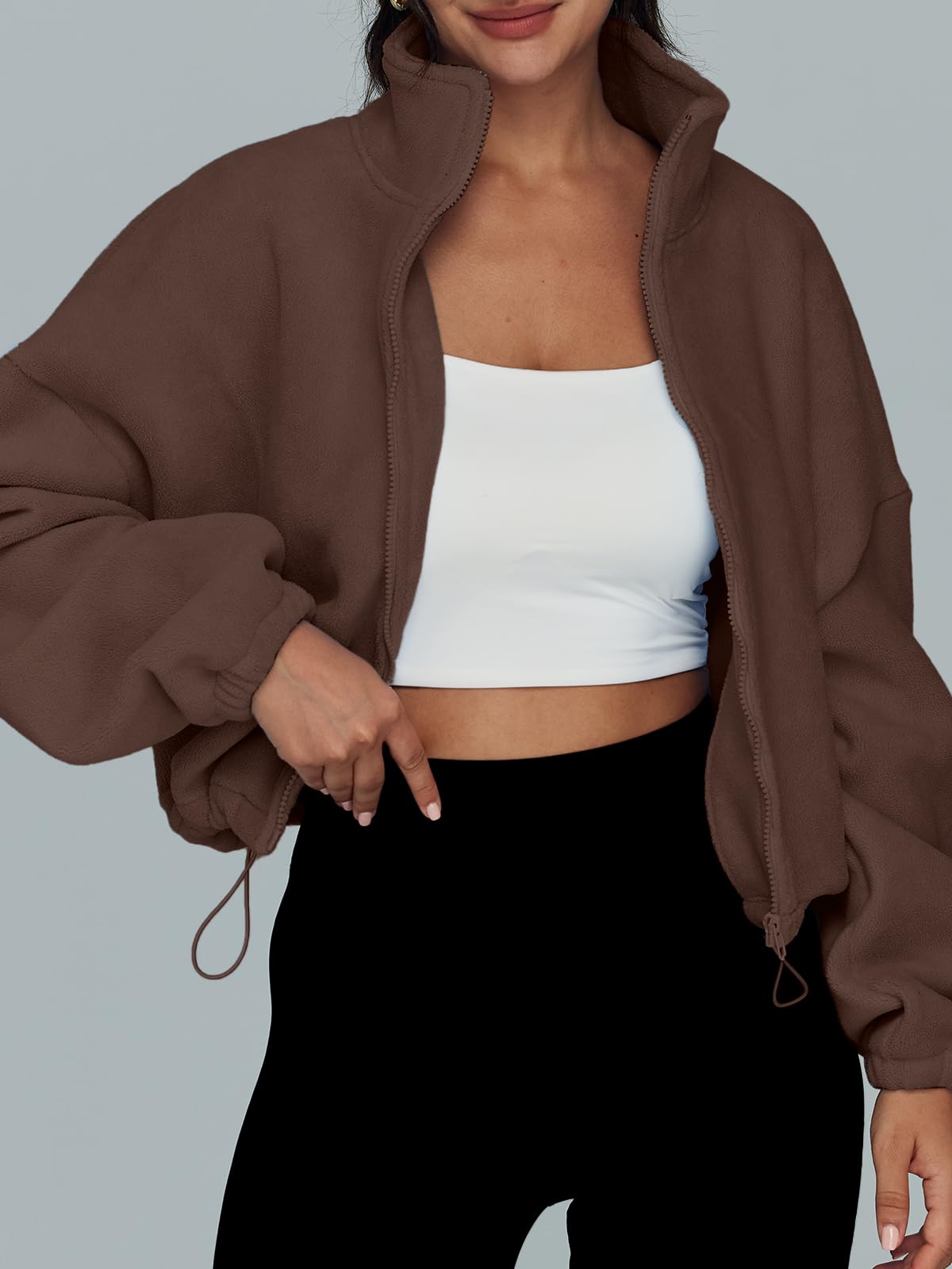 AUTOMET Womens Fleece Jackets Zip Up Oversized Sweatshirts Winter Clothes Long Sleeve Crop Sherpa Fall Outfits Fashion Brown S