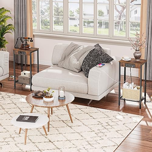 HOOBRO Set of 2 Tall Side Table with Charging Station, 28.7" H Industrial Telephone End Table, Small Entryway Table, Tall Bedside Table for Living Room, Hallway, Bedroom, Rustic Brown BF08UDHP201