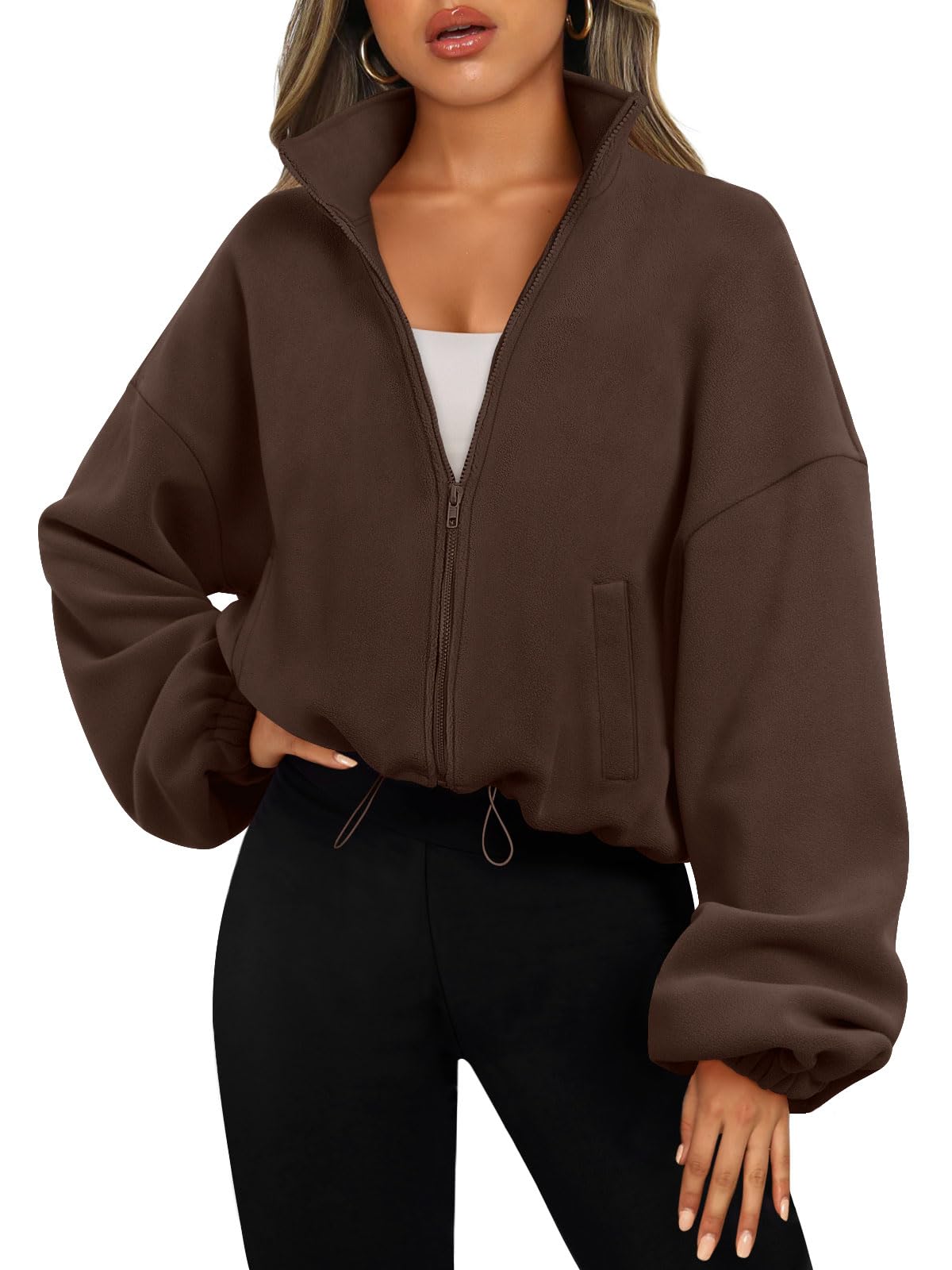AUTOMET Womens Fleece Jackets Zip Up Oversized Sweatshirts Winter Clothes Long Sleeve Crop Sherpa Fall Outfits Fashion Brown S