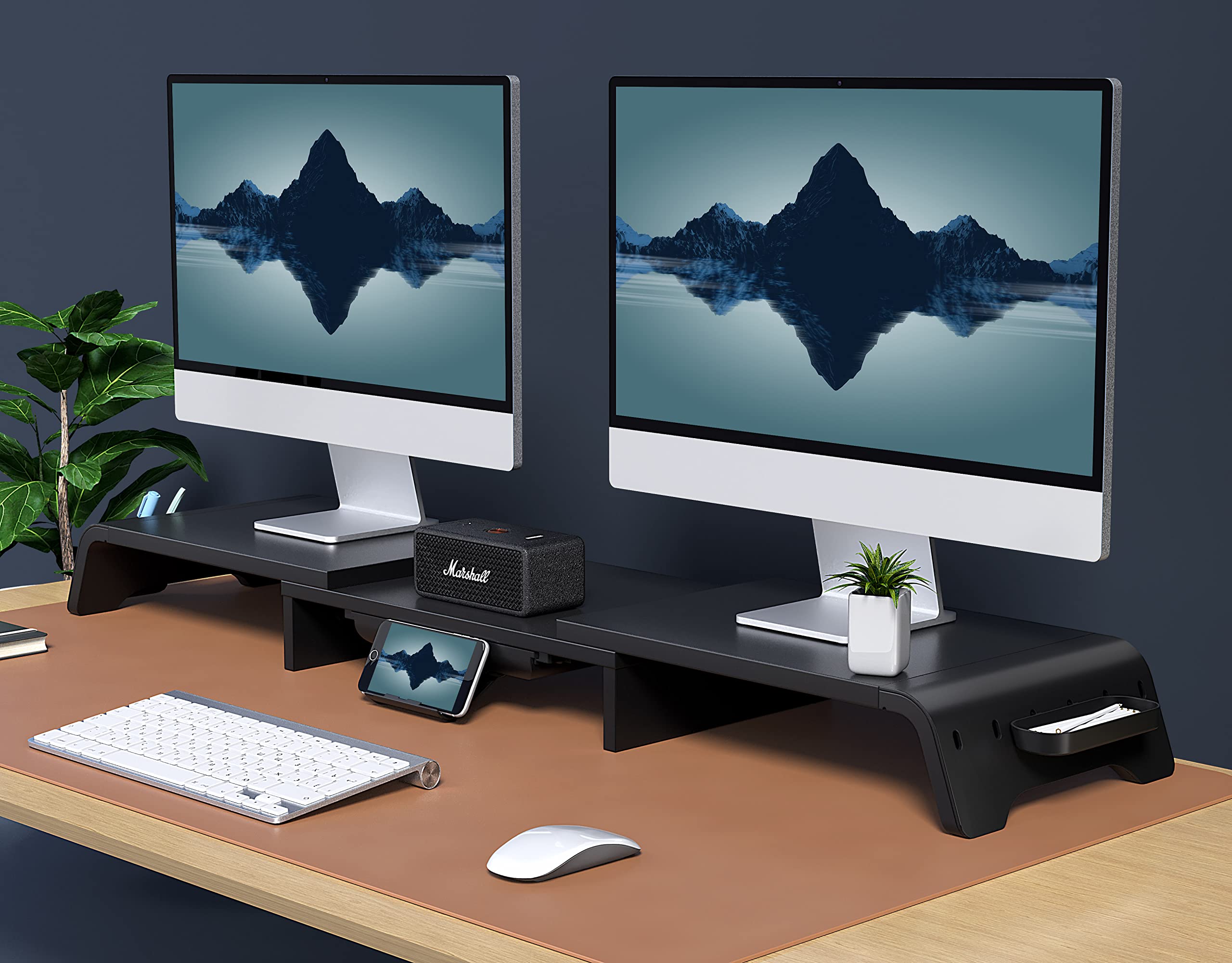 Fenge Dual Monitor Stand, Adjustable Length and Angle, Organizer with Removable Slot Drawer Tablet Phone Holder, Computer Monitor Riser for 2 Monitors, Black, G04C1122B