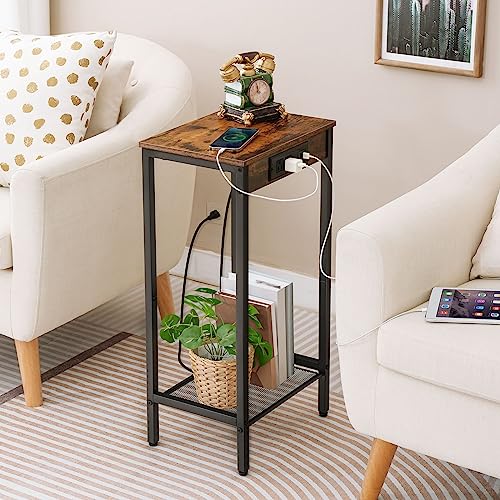 HOOBRO Set of 2 Tall Side Table with Charging Station, 28.7" H Industrial Telephone End Table, Small Entryway Table, Tall Bedside Table for Living Room, Hallway, Bedroom, Rustic Brown BF08UDHP201