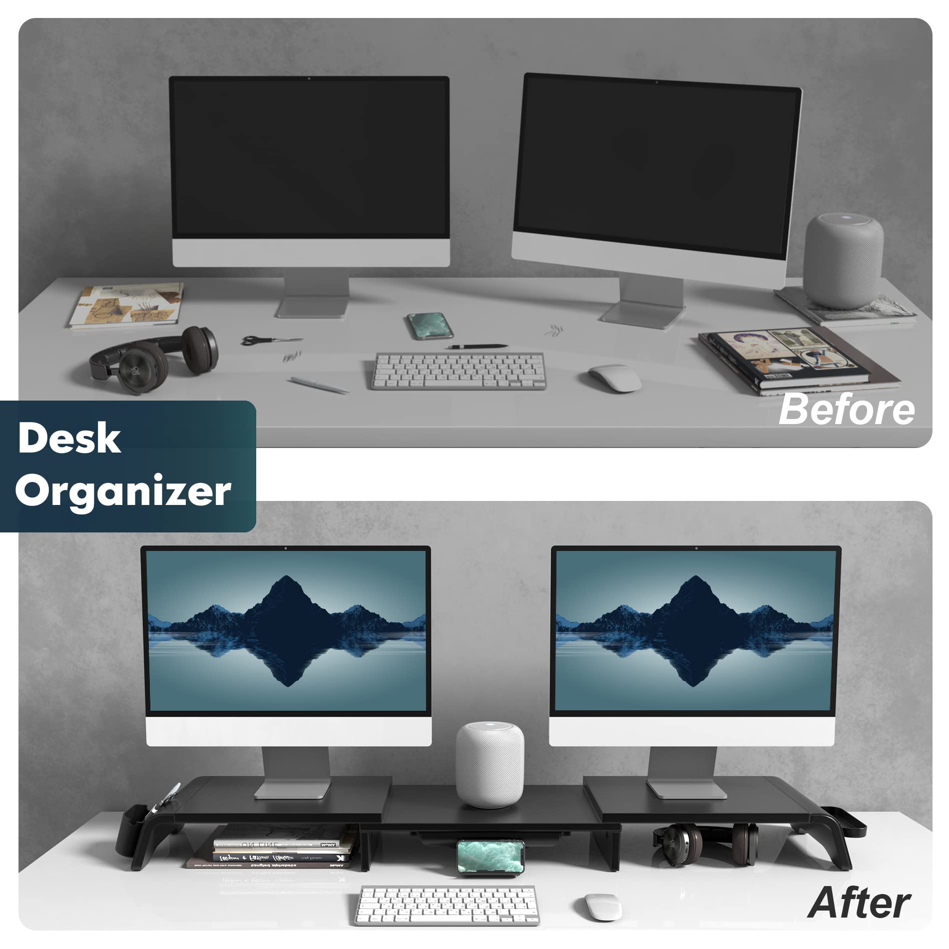 Fenge Dual Monitor Stand, Adjustable Length and Angle, Organizer with Removable Slot Drawer Tablet Phone Holder, Computer Monitor Riser for 2 Monitors, Black, G04C1122B