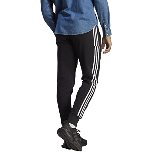adidas Men's Essentials French Terry Cuffed 3-Stripes Pants, Black/White, Medium