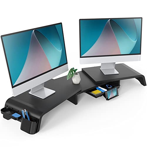Fenge Dual Monitor Stand, Adjustable Length and Angle, Organizer with Removable Slot Drawer Tablet Phone Holder, Computer Monitor Riser for 2 Monitors, Black, G04C1122B