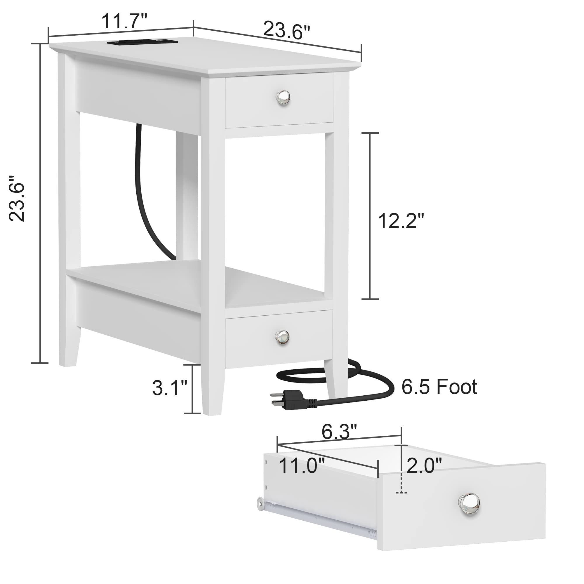 Treocho Side Table with Charging Station, Narrow End Table with Storage, 2-Drawer Nightstand with USB Ports & Power Outlet, White Sofa Bedside Table for Small Spaces, Living Room, Bedroom