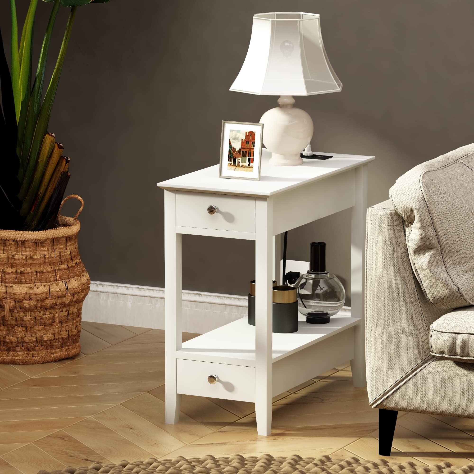 Treocho Side Table with Charging Station, Narrow End Table with Storage, 2-Drawer Nightstand with USB Ports & Power Outlet, White Sofa Bedside Table for Small Spaces, Living Room, Bedroom