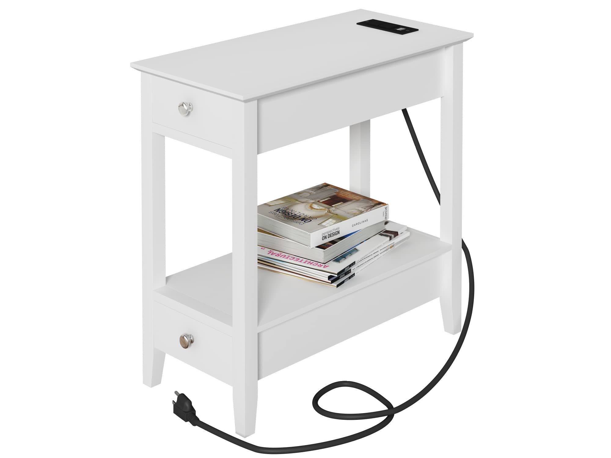 Treocho Side Table with Charging Station, Narrow End Table with Storage, 2-Drawer Nightstand with USB Ports & Power Outlet, White Sofa Bedside Table for Small Spaces, Living Room, Bedroom
