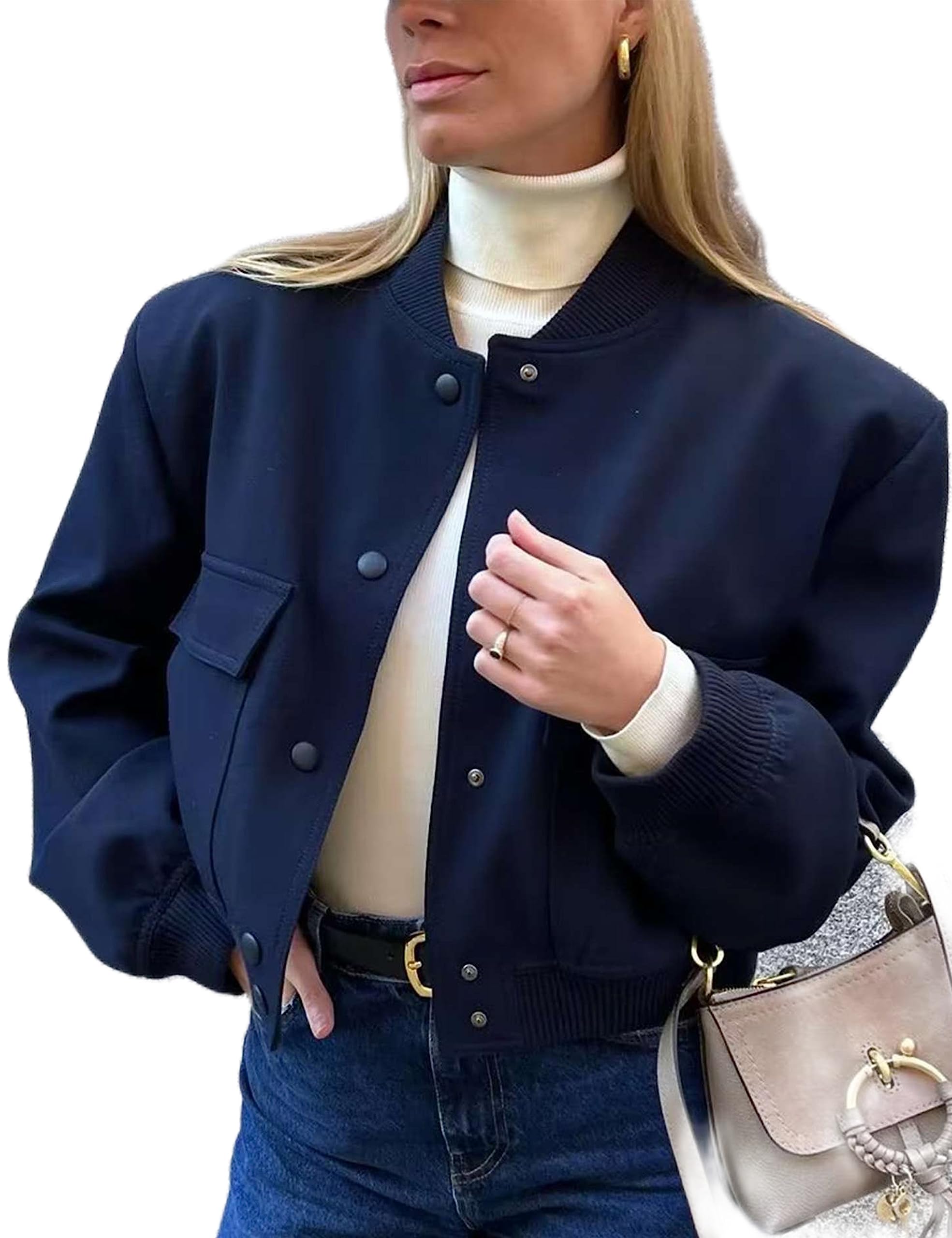 Megfie Womens Cropped Bomber Jacket Button Down Varsity Jackets Shackets With Pockets(0394-DarkBlue-M)
