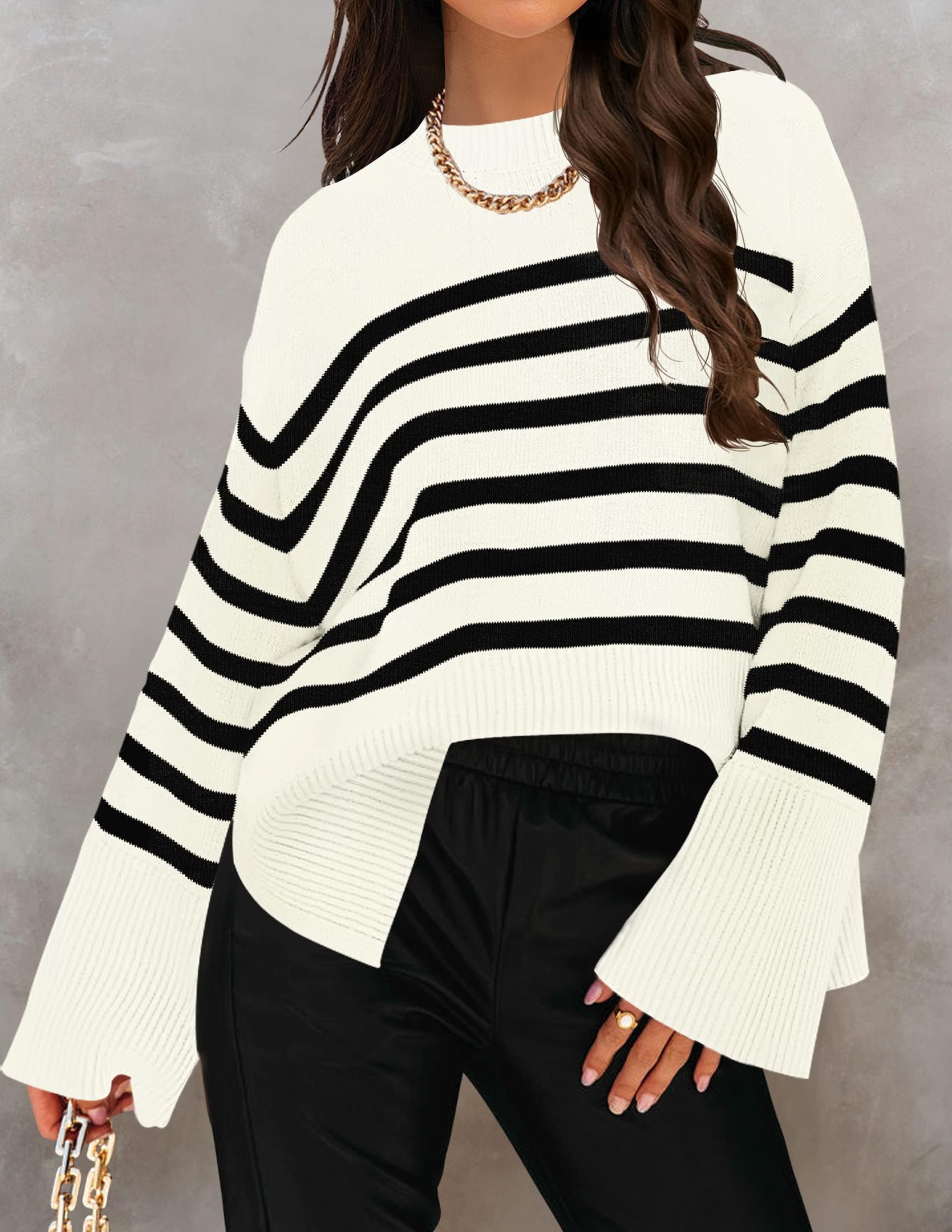 ZESICA Women's Fall Winter Striped Long Sleeve Crew Neck Ribbed Knit Side Slit Oversized Pullover Sweater Jumper Top,Beige,Large