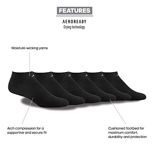 adidas mens Athletic Cushioned No Show Socks (6-Pair), Black/Aluminum 2, Large