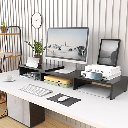 WALI Dual Monitor Stand Riser, 3 Shelf Laptop and Computer Monitor Stand with Phone Holder, Length and Angle Adjustable Desk Organizer (PTT007T-B), Black