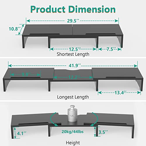 WALI Dual Monitor Stand Riser, 3 Shelf Laptop and Computer Monitor Stand with Phone Holder, Length and Angle Adjustable Desk Organizer (PTT007T-B), Black